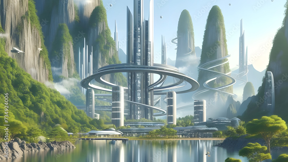 Harmony of Nature and Futurity: Rocky Mountains, Tranquil Lake, and ...