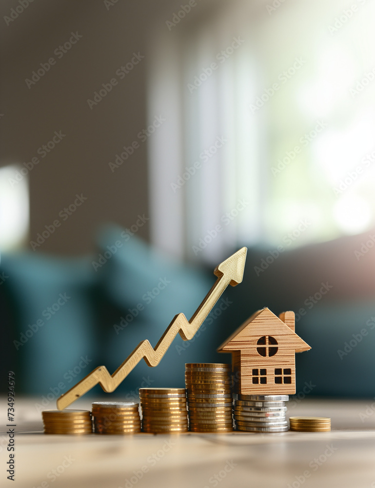 Real estate market, graph, up arrow. House wooden model and a stack of ...