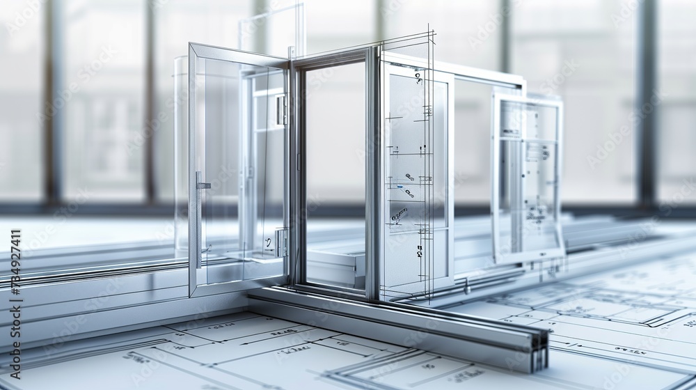 Aluminum frames with a blueprint background that open and close ...