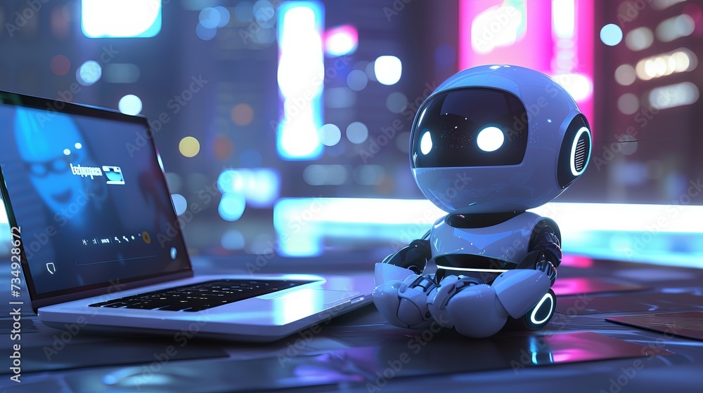 Futuristic Robot Interaction with Computer Technology Concept. A cute ...