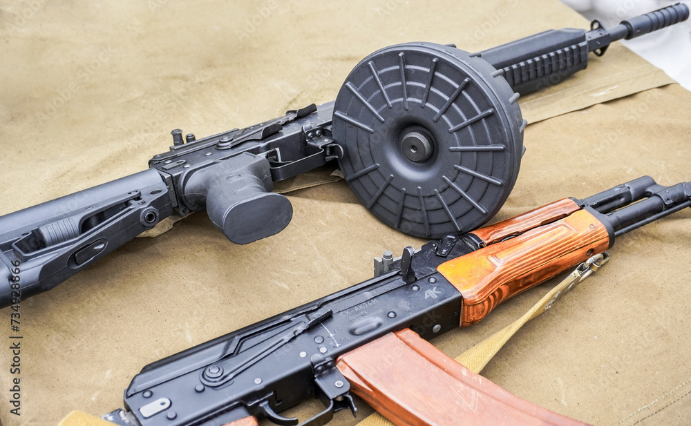Russian Kalashnikov assault rifle AK-12 with a drum magazine, AK-74 assault rifle Stock Photo ...