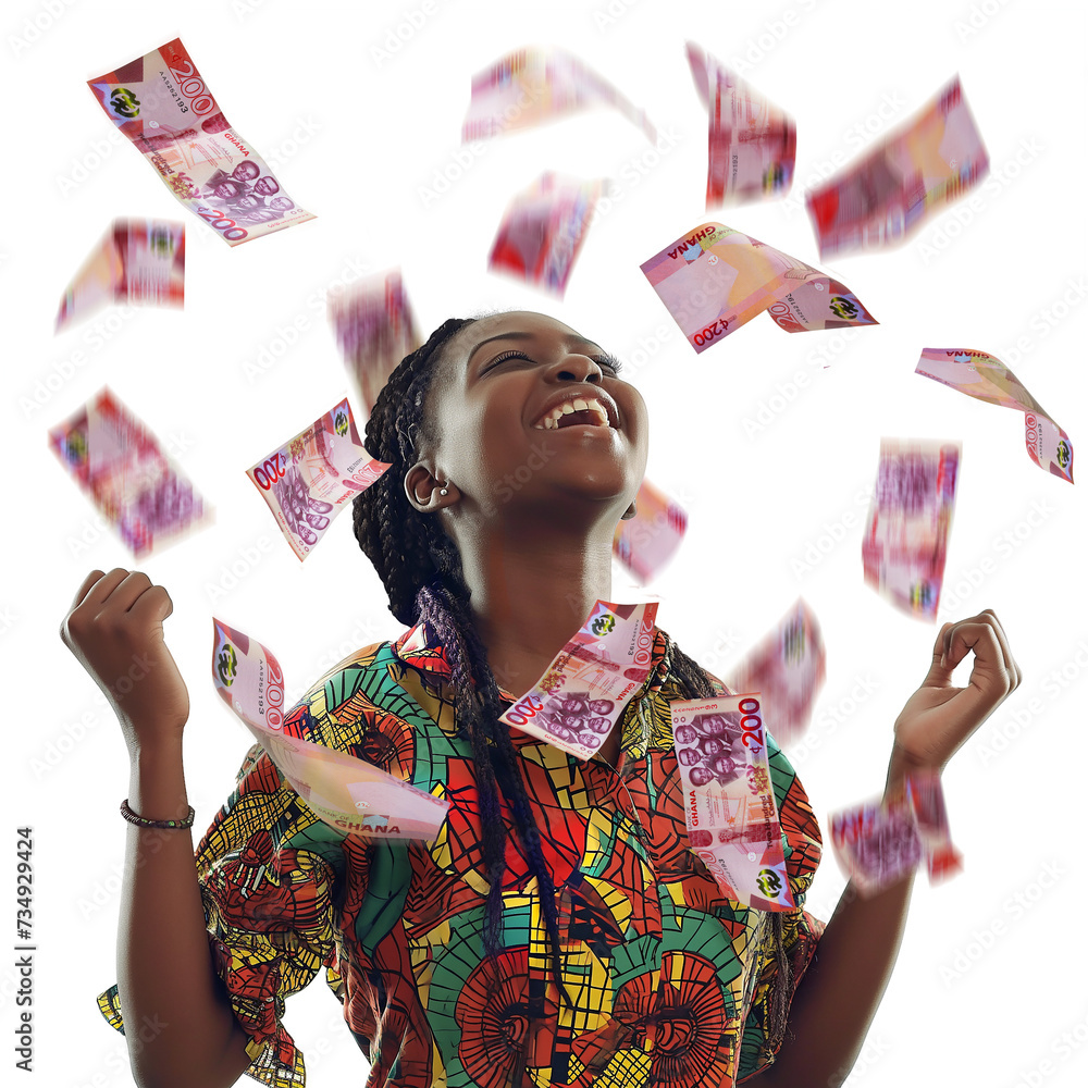 Ghanaian cedi notes raining on black African woman with braids excited ...