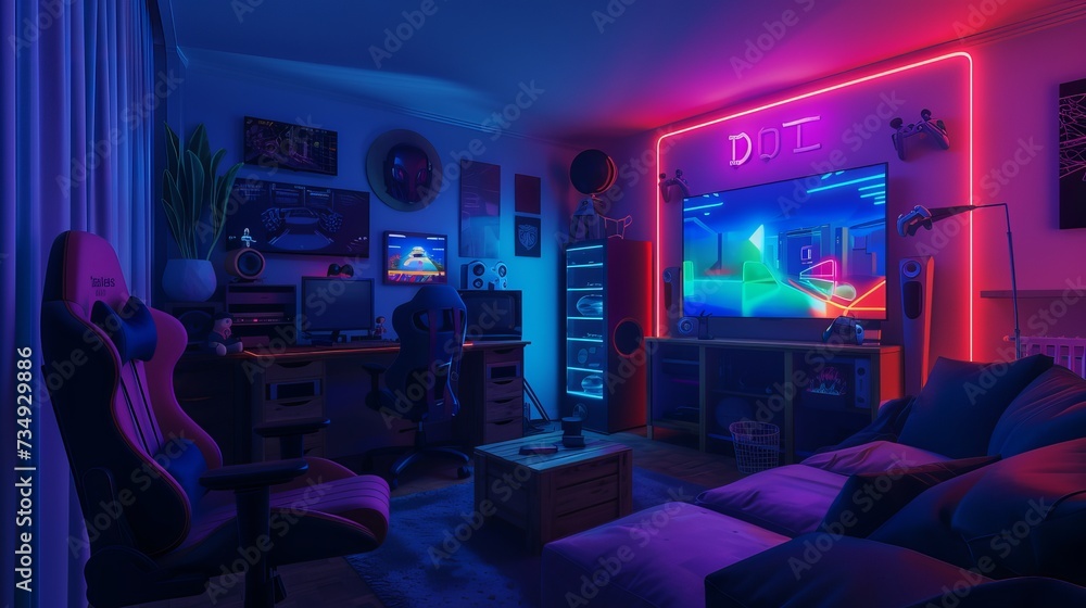 Interior of a room set up for nighttime video game streaming. A cartoon ...