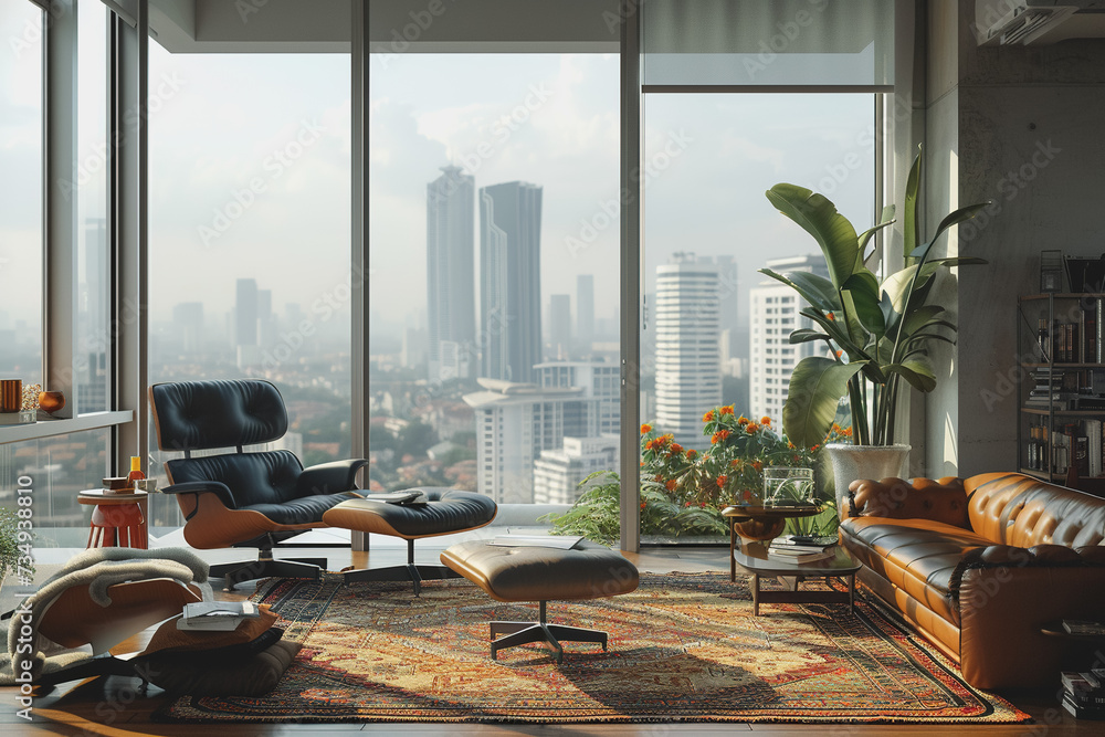 Interior view of a modern condo with TV for watching movies and ...