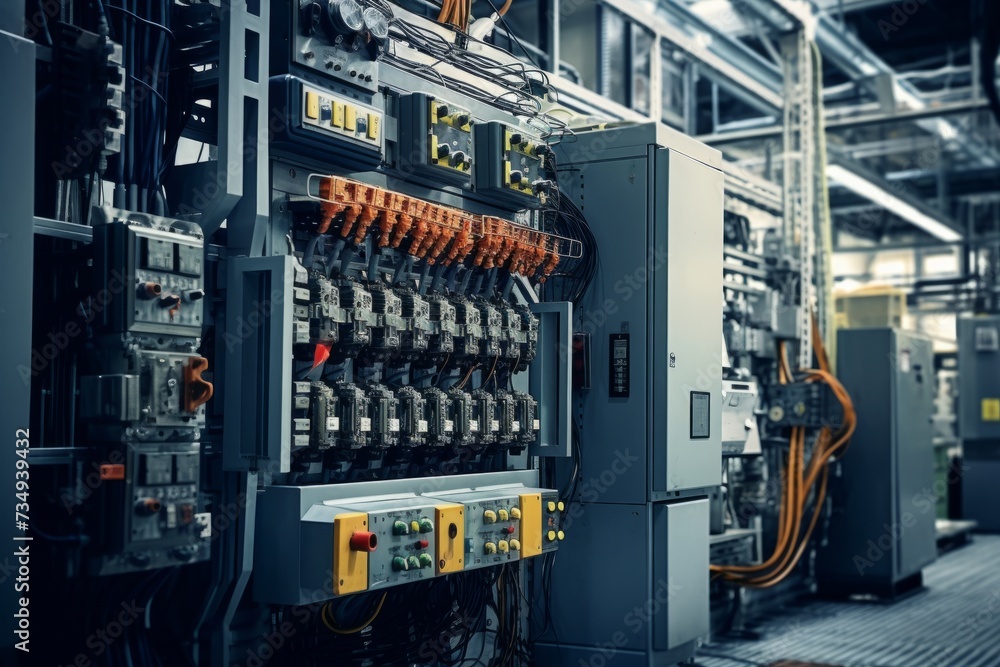 A detailed view of a large industrial rectifier unit, surrounded by an ...