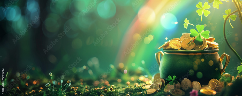 Pot of luck with coins, shamrocks and clovers, Banner, St. Patrick's ...