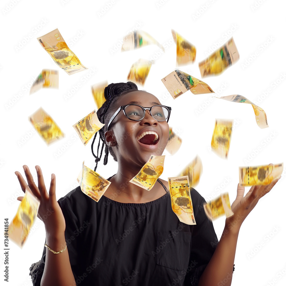 Ugandan shilling notes raining on black African woman with braids ...