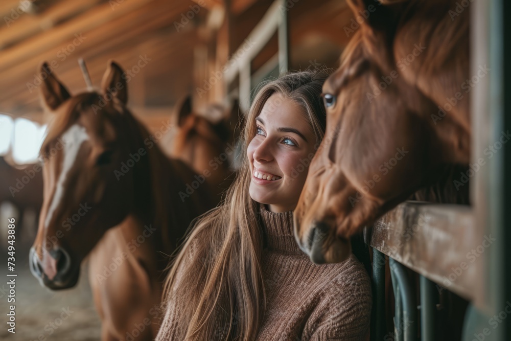 Smiling girl posing for a photo with a horse at the stables Stock Photo ...