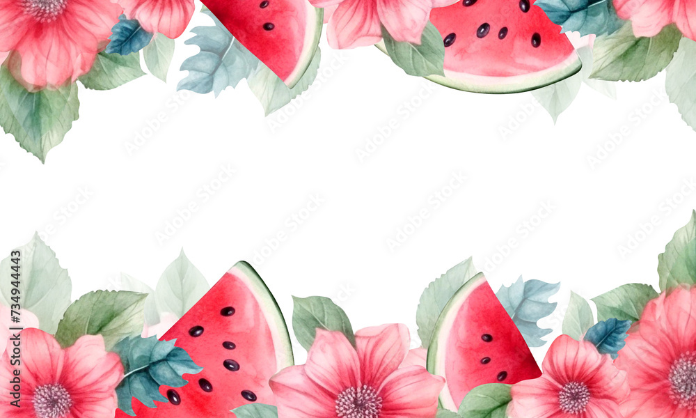 Rectangular frame with red watermelon slices and pink flowers in ...