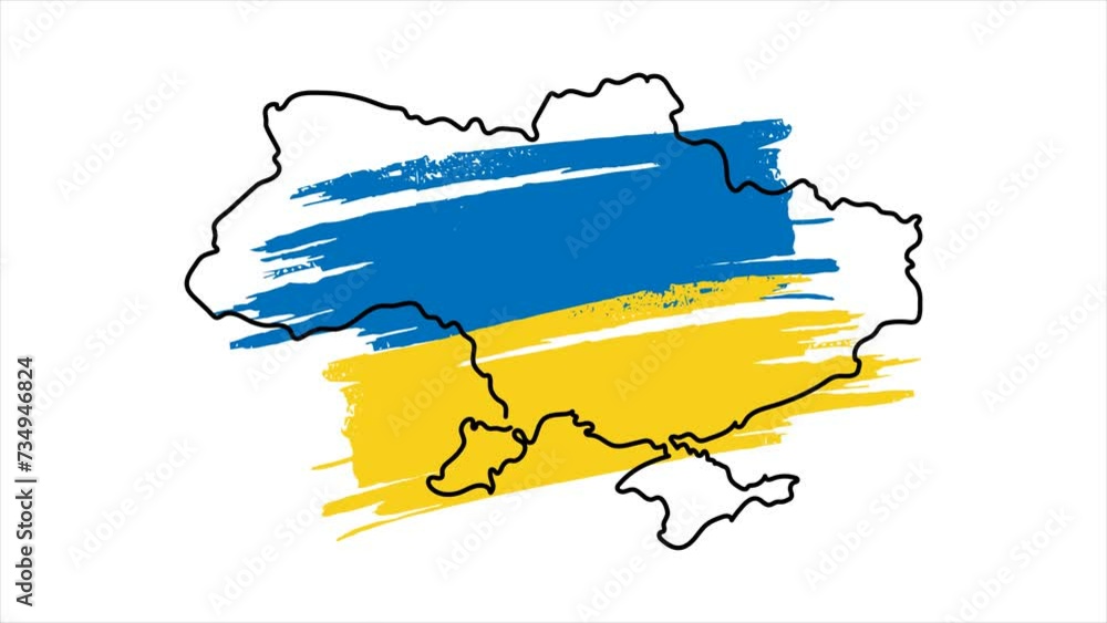 Animation video with one line drawing map of Ukraine with blue and ...