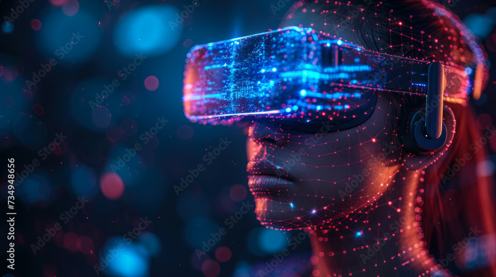 Futuristic Visualization Of A Human In Virtual Reality Headset Exploring Cosmos Inspired Digital