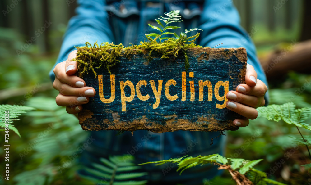 Woman's Hands holding a rustic wooden sign with 'Upcycling' text ...