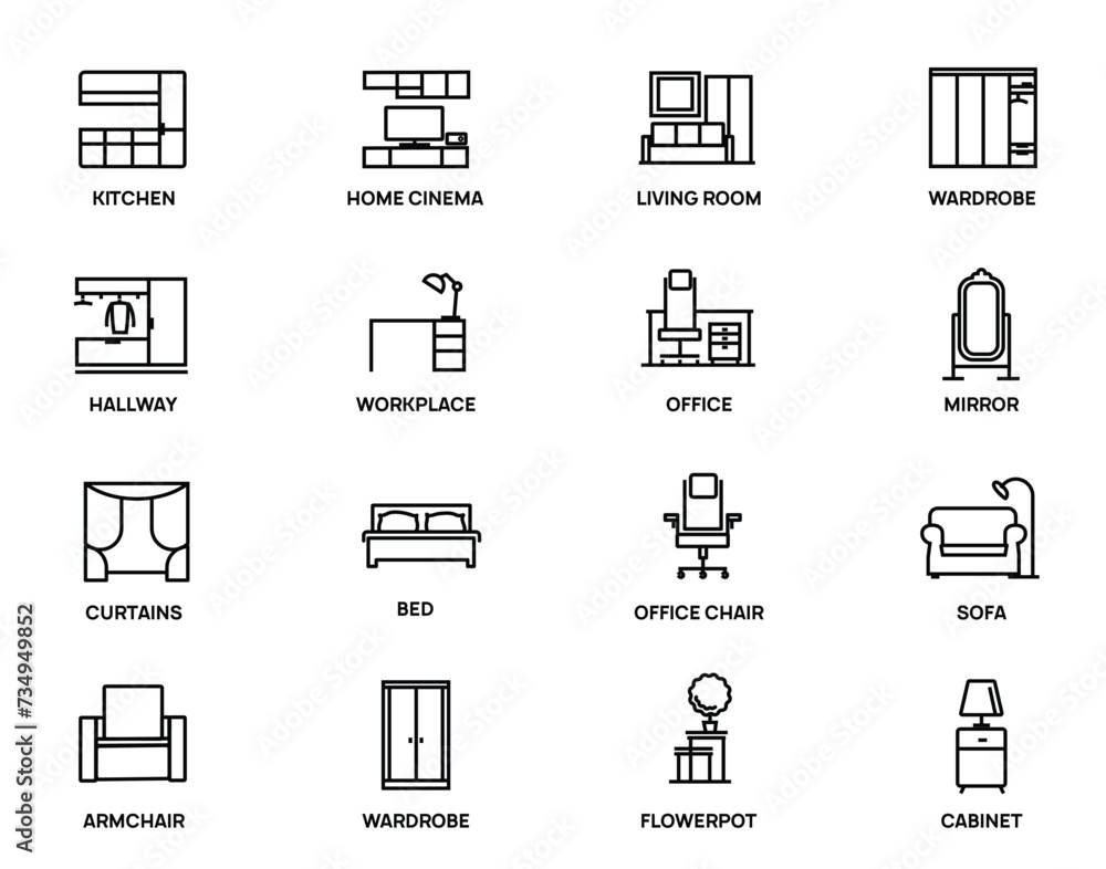 Large set of outline icons of different types of furniture and items of ...