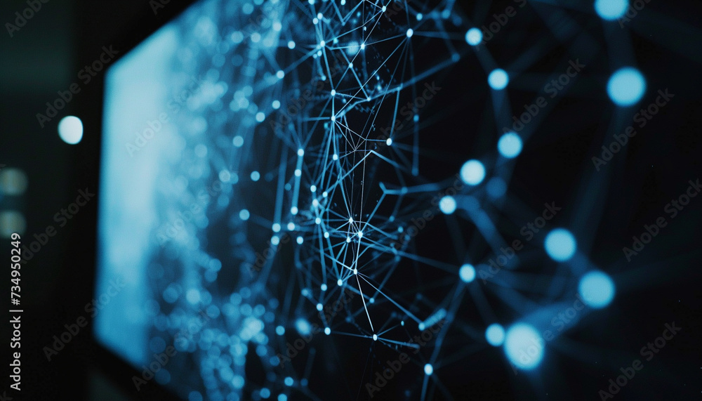 A close-up of a computer monitor showing a complex blockchain network ...