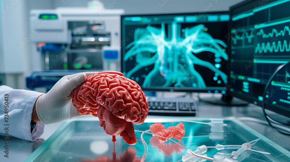A detailed view of a 3D bioprinted organ being carefully examined by a ...