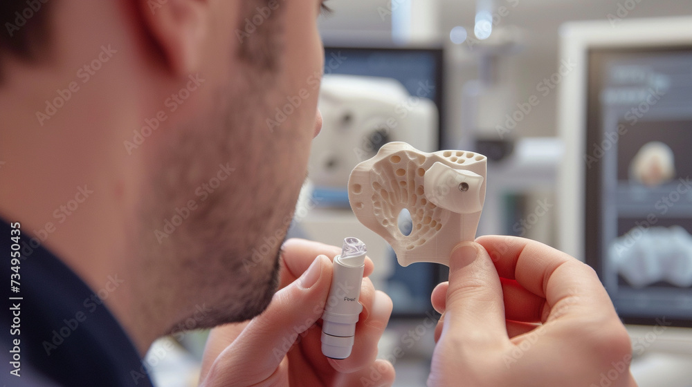A detailed view of a 3D printed custom hearing aid being examined by a ...
