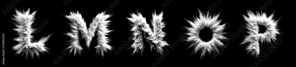 Letters L M N O P - White powder explosion font isolated on black ...
