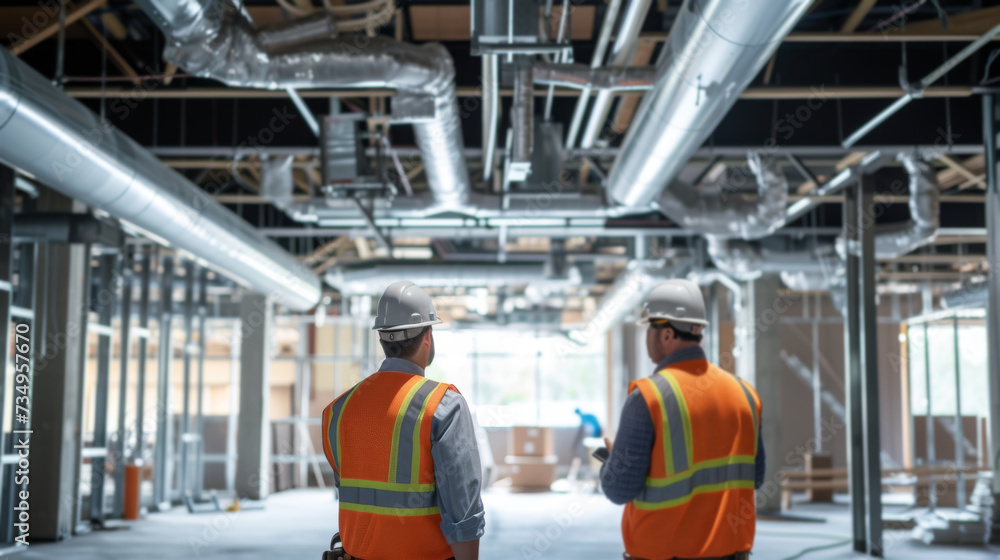 Construction engineers installing HVAC systems in a commercial building ...