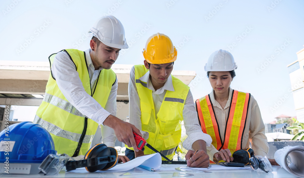 Civil engineering team meets to plan work on construction project in ...