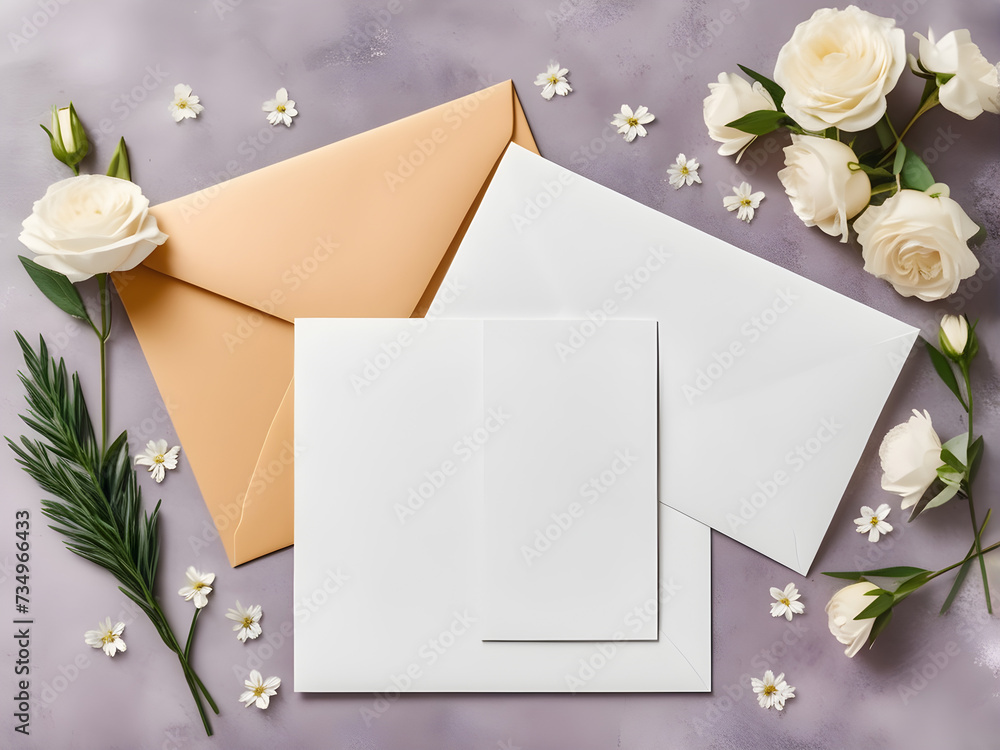 empty mockup with white paper and flowers. greeting card. table top ...