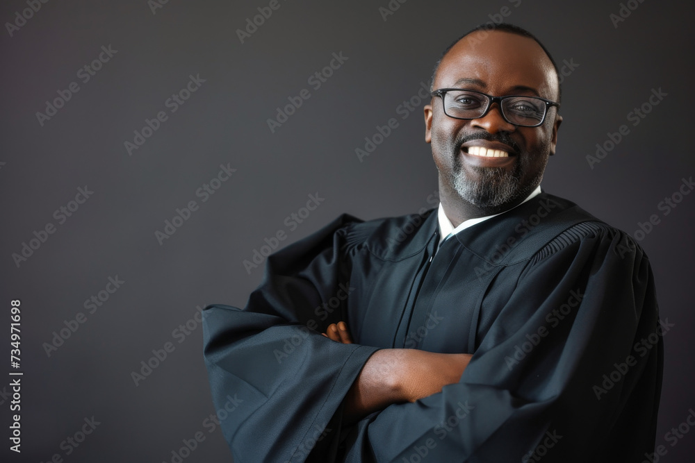 Smiling African American defense attorney standing arms crossed wearing ...