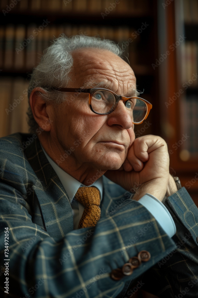 Thoughtful giant older man with receding grey hairline and wire glasses ...