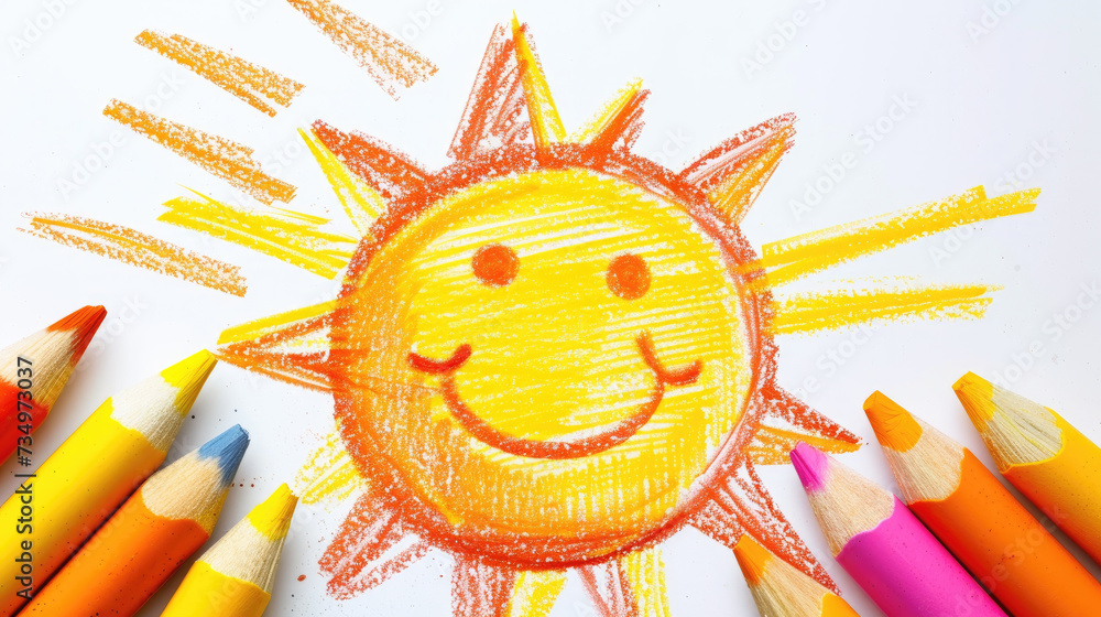 Drawing, painting smiley sunshine with Crayons color, kid crayon ...
