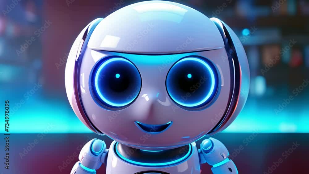 Adorable Friendly robot with large expressive eyes on blue background ...