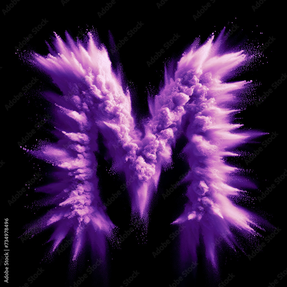 Letter M - Purple powder explosion font isolated on black background ...