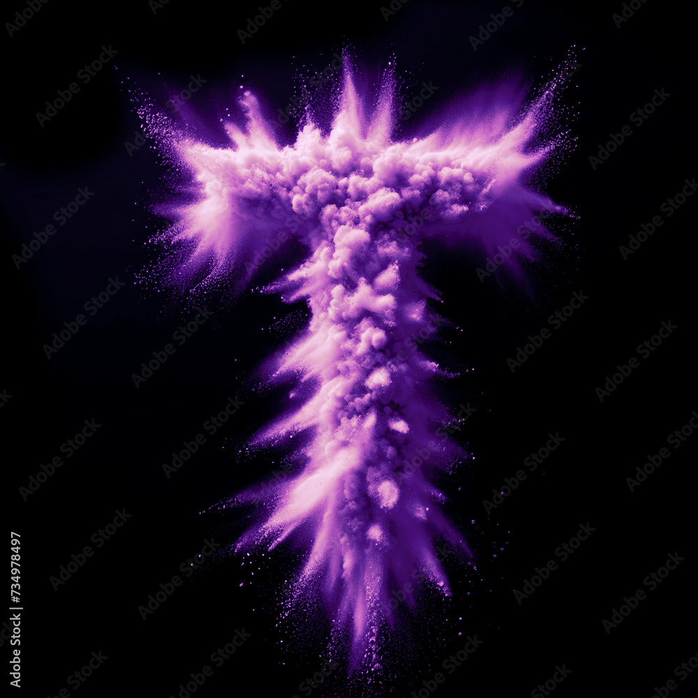 Letter T - Purple powder explosion font isolated on black background ...