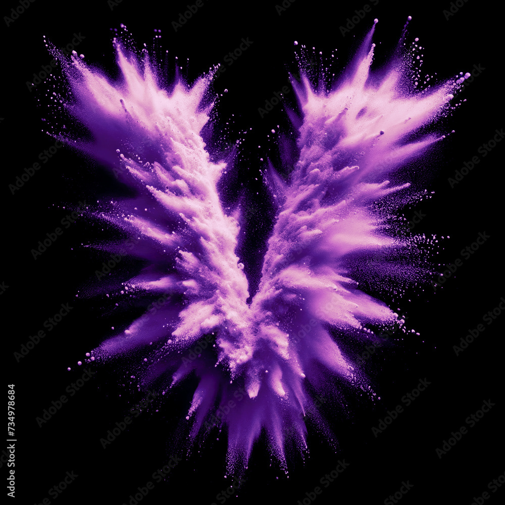 Letter V - Purple powder explosion font isolated on black background ...