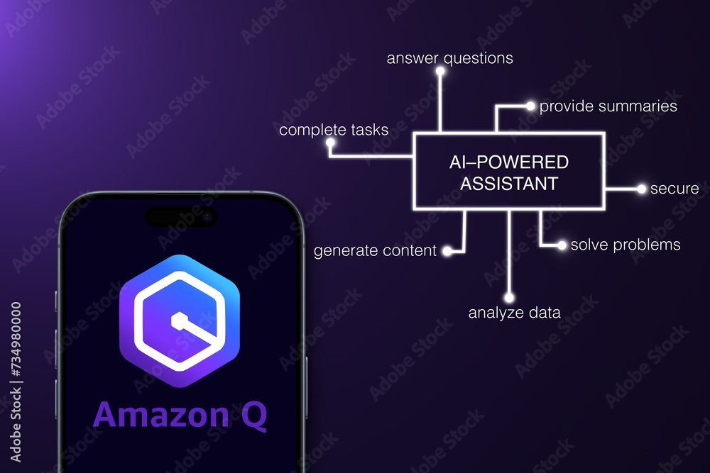 Amazon Q Logo shown on a modern smartphone in front of a dark purple background and concept ...