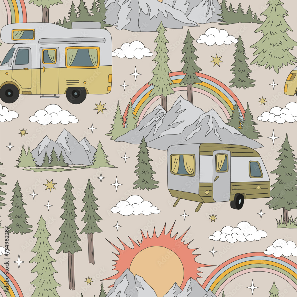 Retro groovy tourist camp with camper van in the mountain forest vector ...
