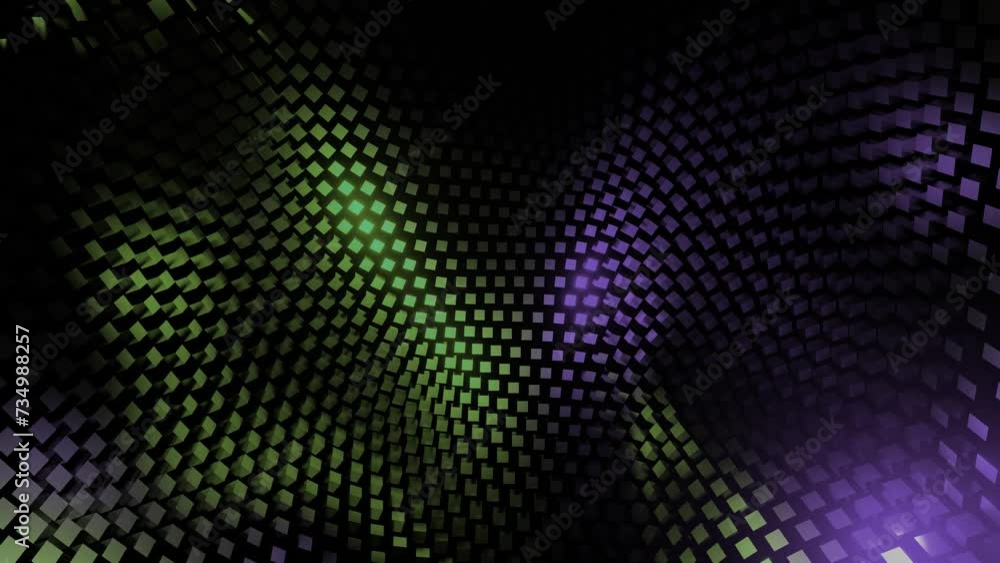 Abstract background of purple green rotating cubes. vj loop blocks rotation. Surface of ...
