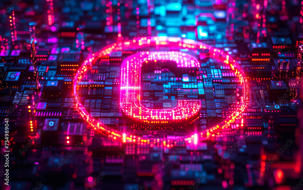 Vibrant digital copyright symbol encircled by neon cyber structures ...