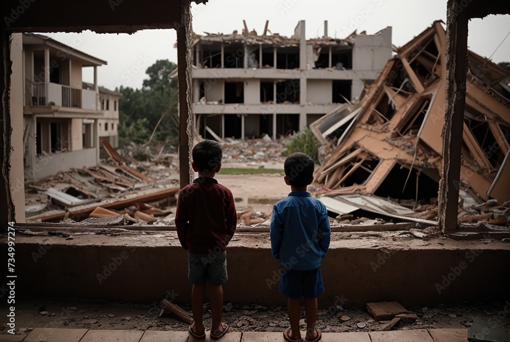 Young children stand with their backs to the camera and look at the ...