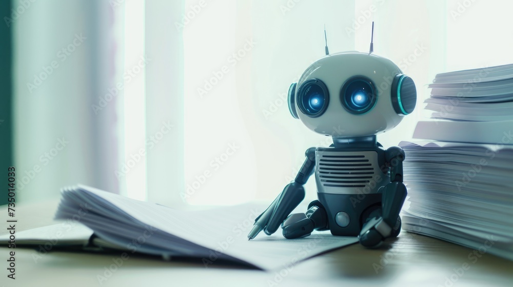 cute little robot about to write a text next to a stack of papers ...