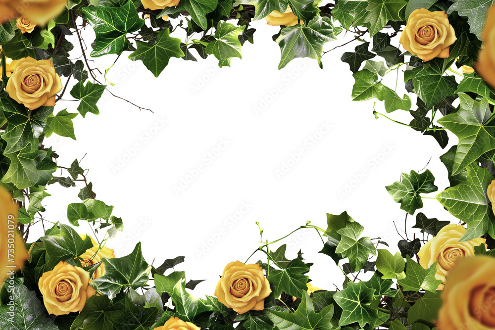 Yellow rose frame. Ivy, vines, green leaves, branches. Intricate ...