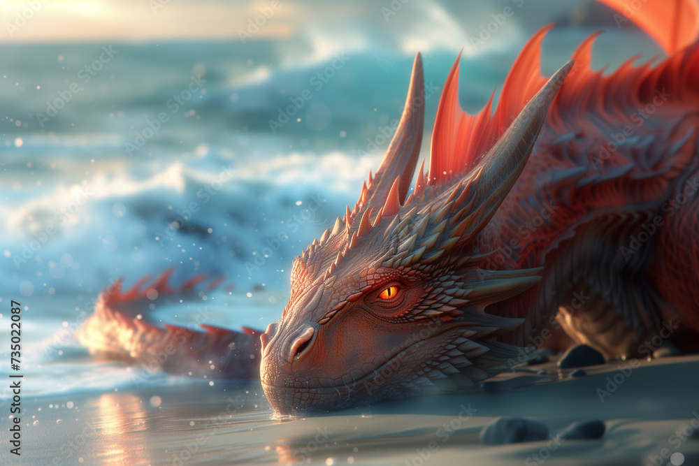 red dragon,dragon on the beach, dragon in the sea, clouds over the sea ...