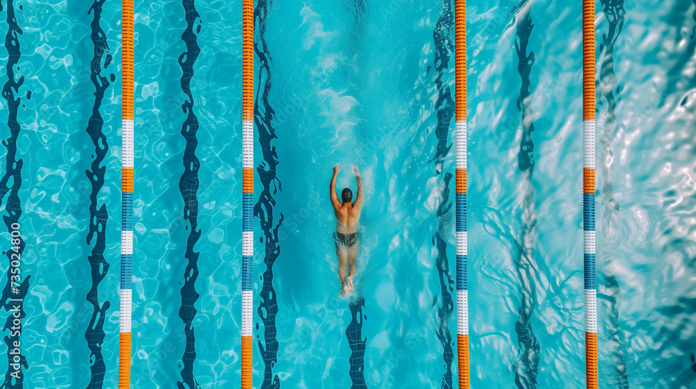 Aerial view of a swimmer in a cap in a pool with lane dividers ...