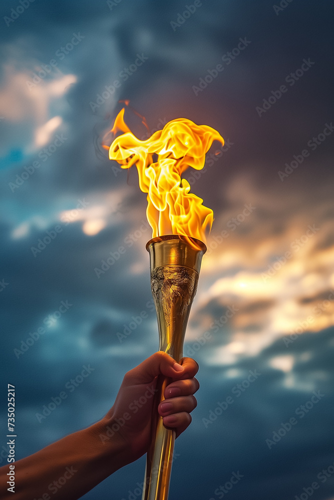 Hand holding a golden Olympic torch with a bright flame against a ...