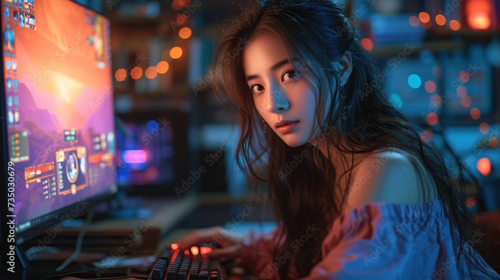 Young Asian woman playing online games on computer in bedroom Enjoy ...
