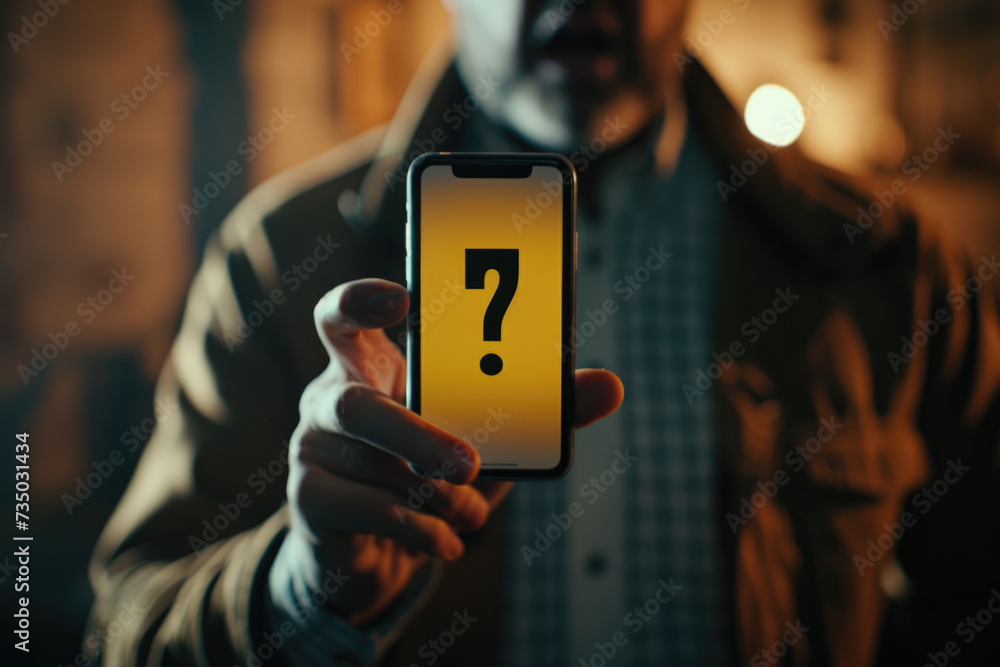 Shocked Man with Question Mark on Smartphone Screen. Close-up of a ...