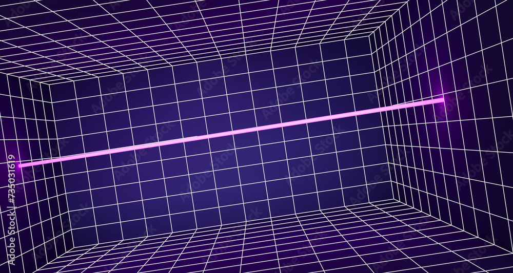 Wireframe room 3d perspective with glowing laser line on grid ...
