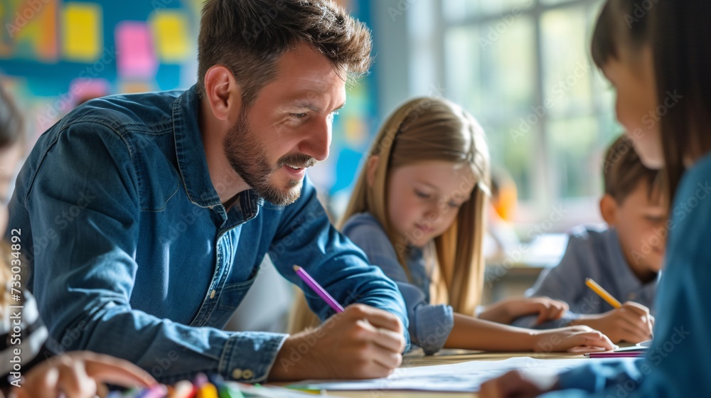 In an elementary classroom, the teacher guides students in expressing ...