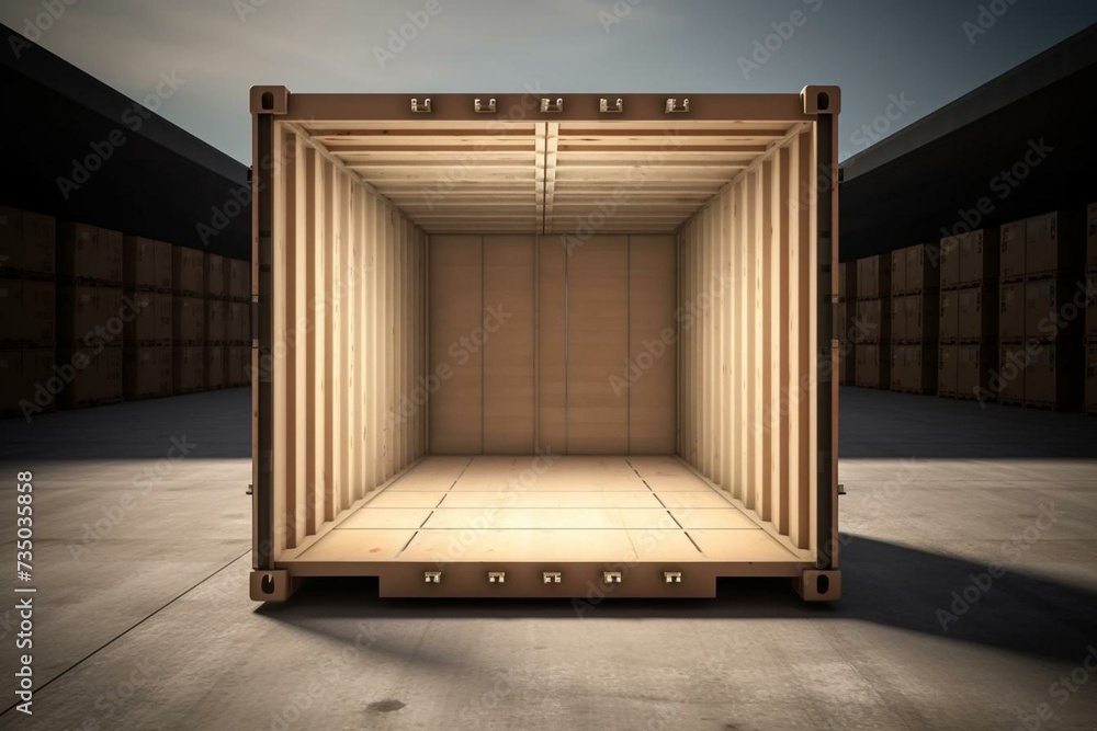 Empty container with open doors, loaded with boxes on pallet ...