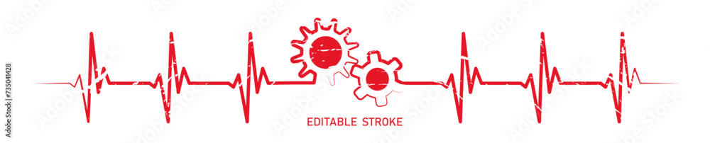 Editable lines grunge heart rhythm design with gears cogwheel ...