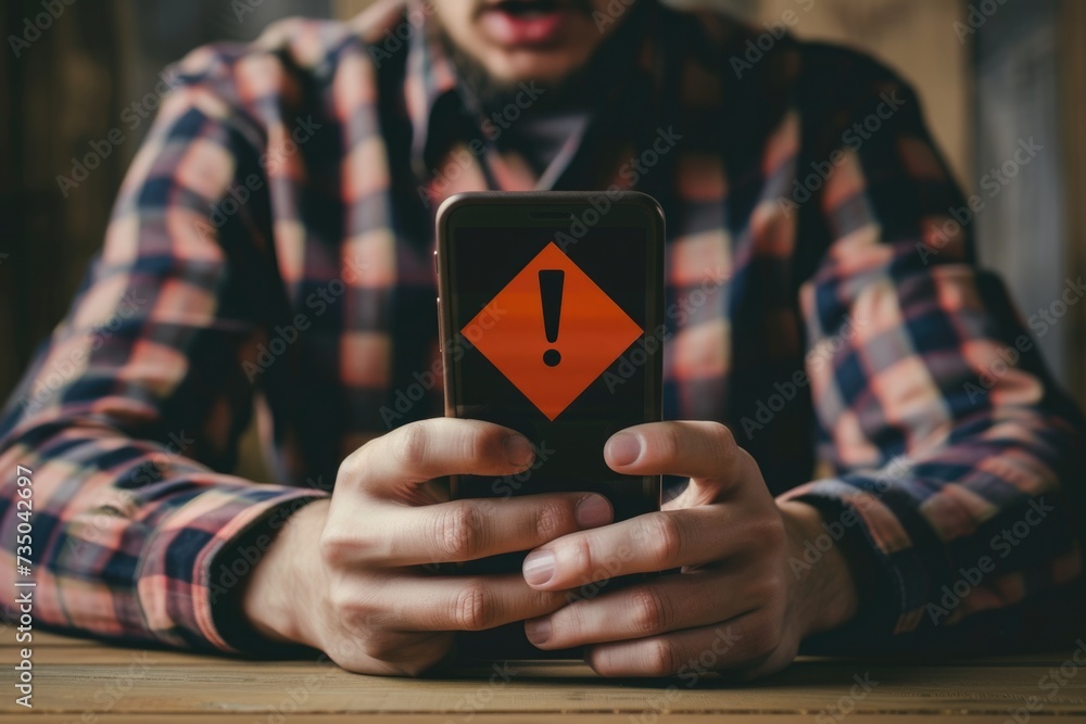 Shocked Man with Smartphone Showing Warning Sign. Surprised man on a ...