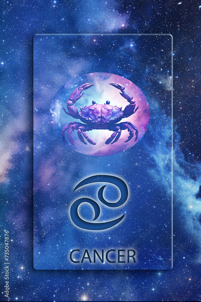 zodiac picture of Cancer, astrological symbol and name over blue space ...