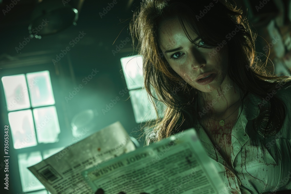 A female detective, blood-splattered and distressed, examines a ...